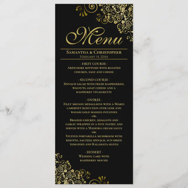 Elegant Golden Frills on Black Wedding Menu | Zazzle