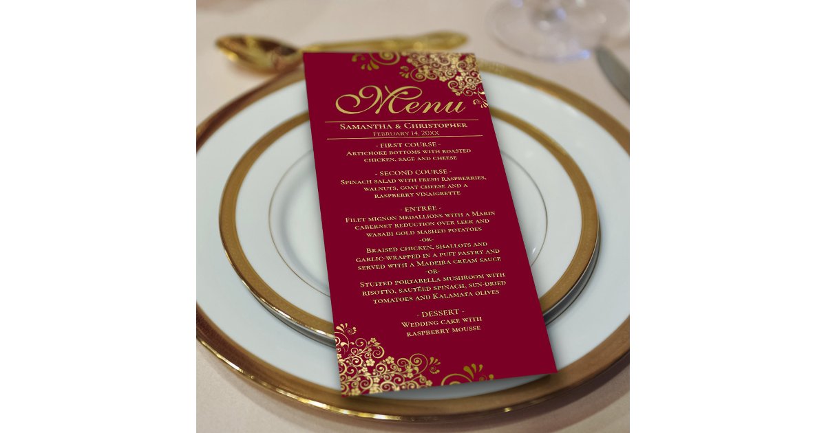 Elegant Golden Frills on Burgundy Wedding Menu | Zazzle