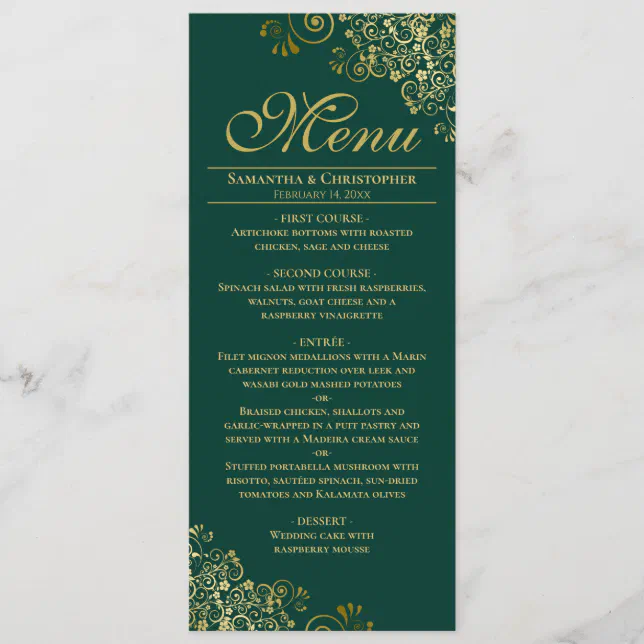 Elegant Golden Frills on Emerald Green Wedding Menu | Zazzle