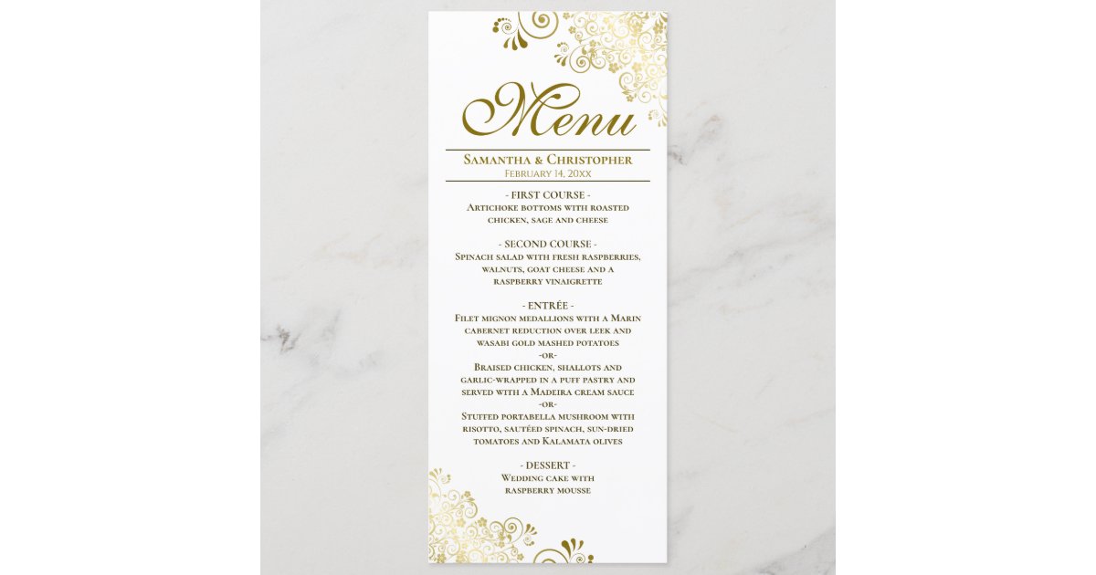 Elegant Golden Frills on White Wedding Menu | Zazzle