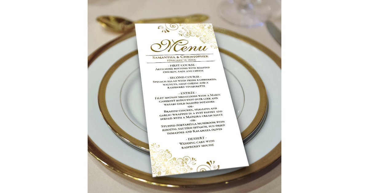 Elegant Golden Frills on White Wedding Menu | Zazzle