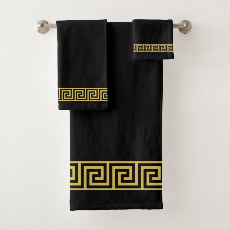 Elegant Golden Greek Pattern on Black Bath Towel Set | Zazzle