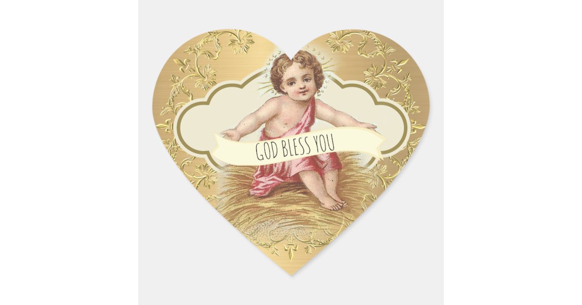 Elegant Golden Metallic Gold Baby Jesus Heart Sticker | Zazzle