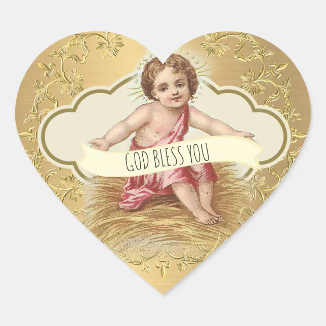 Elegant Golden Metallic Gold Baby Jesus Heart Sticker | Zazzle