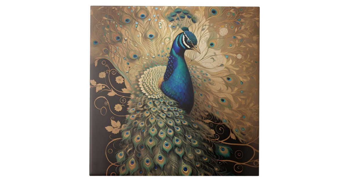 Elegant Golden Peacock Bird Ceramic Tile | Zazzle