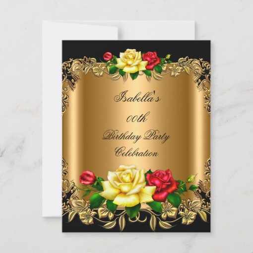 Elegant Golden Red Yellow Roses Birthday Party 2b Invitation | Zazzle