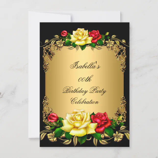 Elegant Golden Red Yellow Roses Birthday Party A Invitation | Zazzle