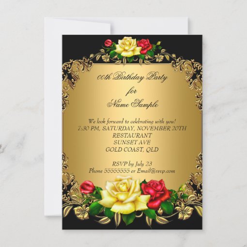 Elegant Golden Red Yellow Roses Birthday Party A Invitation | Zazzle