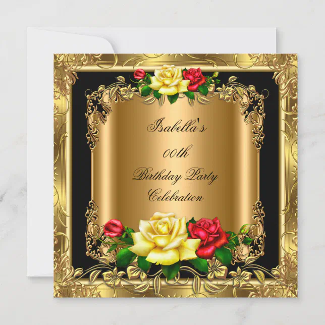 Elegant Golden Red Yellow Roses Birthday Party Invitation | Zazzle