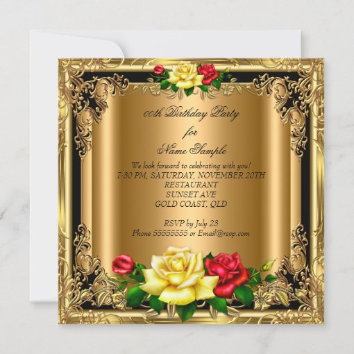 Elegant Golden Red Yellow Roses Birthday Party Invitation | Zazzle