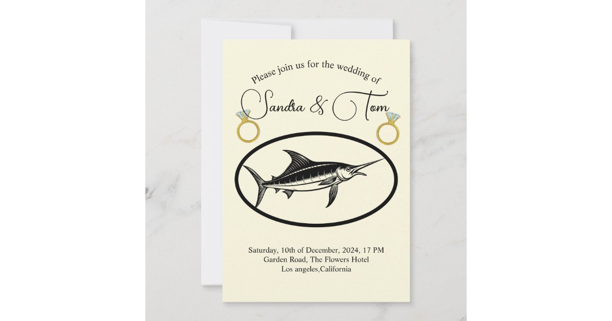 Elegant golden rings and marline fish wedding invitation | Zazzle