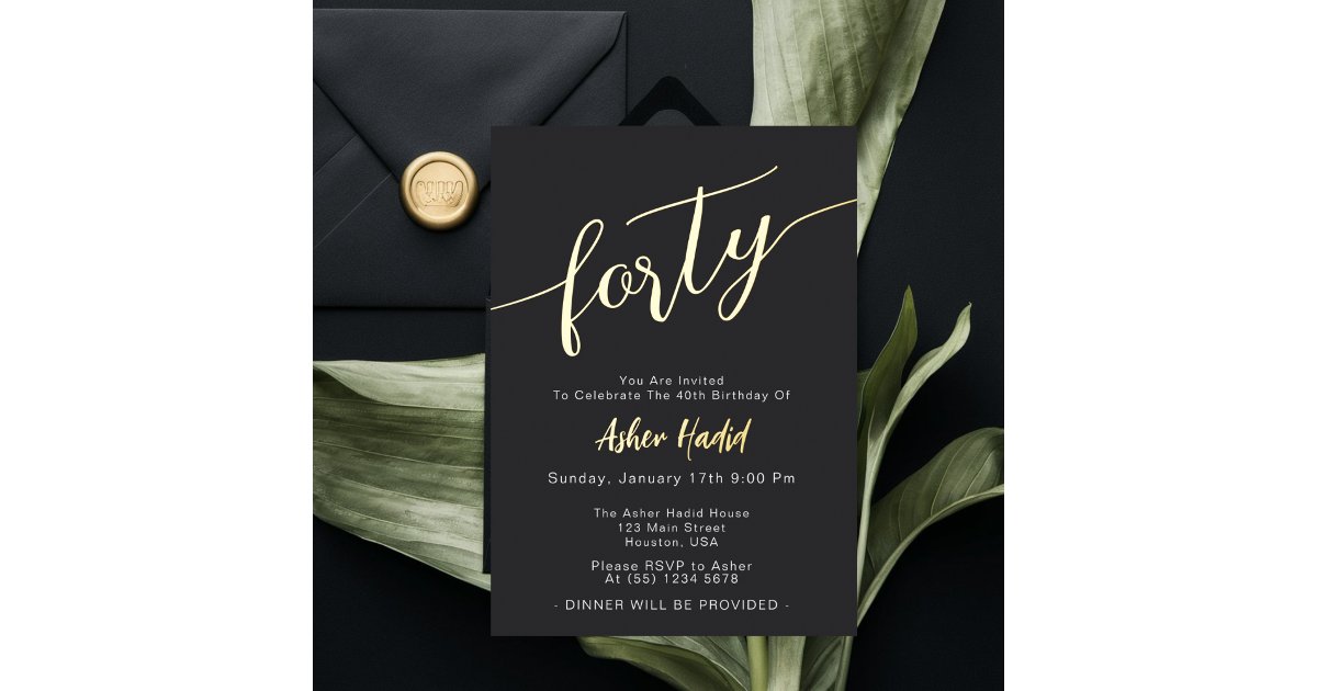 Elegant Golden Script Forty 40th Birthday Party Foil Invitation | Zazzle