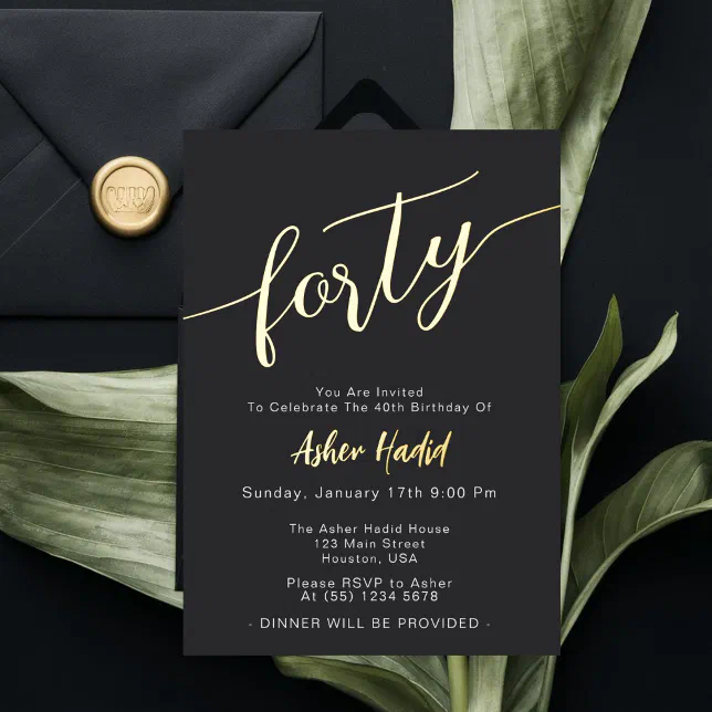 Elegant Golden Script Forty 40th Birthday Party Foil Invitation | Zazzle