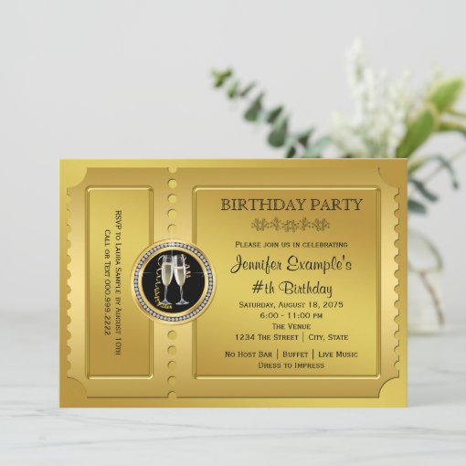 Elegant Golden Ticket Birthday Party Invitation | Zazzle