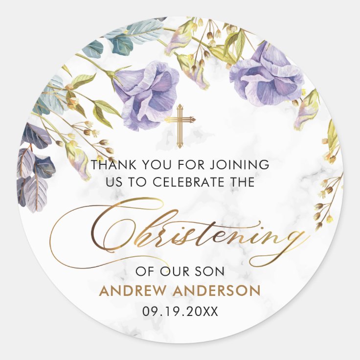 Elegant Golden Vintage Floral Christening Classic Round Sticker | Zazzle