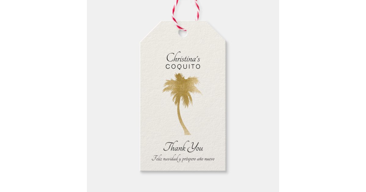 Elegant Goldtone Palm Tree Coquito Thank You Gift Tags | Zazzle