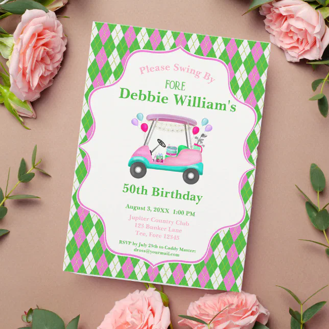 Elegant Golf Cart Ready For Women's Birthday Invitation | Zazzle