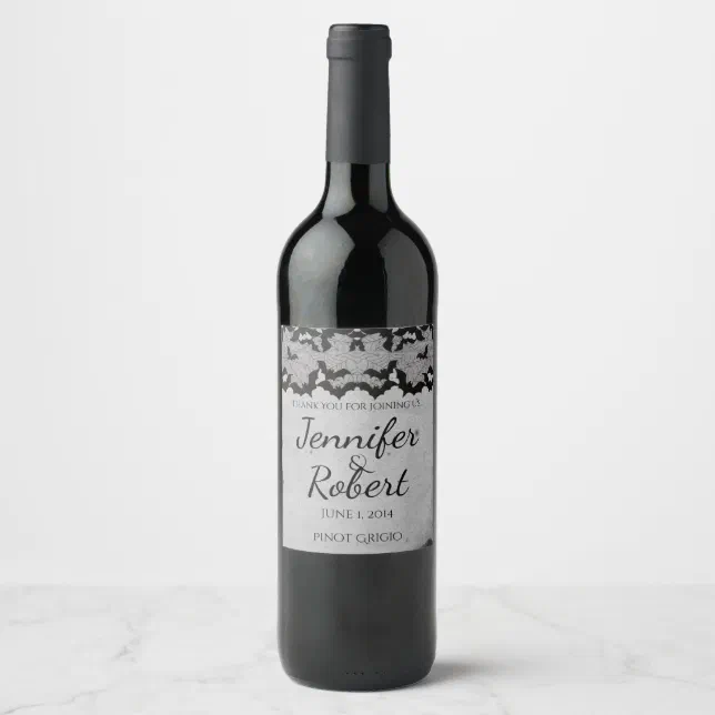 Elegant Gothic Bat Lace Posh Wedding Wine Label | Zazzle