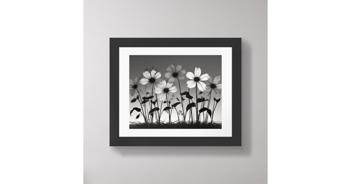 Elegant Gothic Daisies Silhouette Monochrome Framed Art | Zazzle