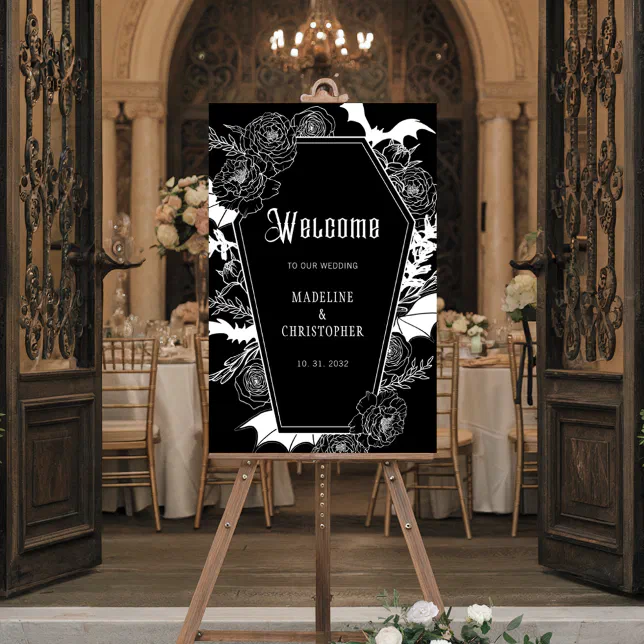Elegant Gothic Floral Wedding Black Welcome Sign | Zazzle
