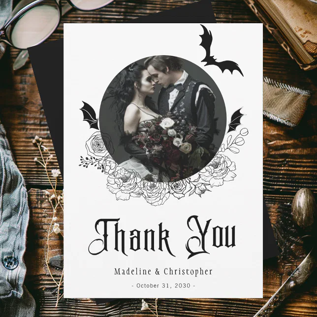 Elegant Gothic Floral Wedding Photo Thank You Card | Zazzle