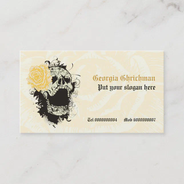 Elegant gothic grunge skull & yellow rose custom business card | Zazzle