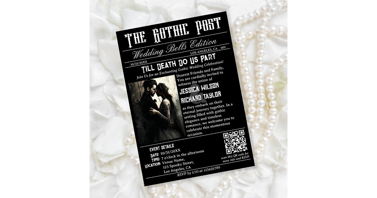 Elegant Gothic Newspaper Photo Black Wedding Invitation | Zazzle