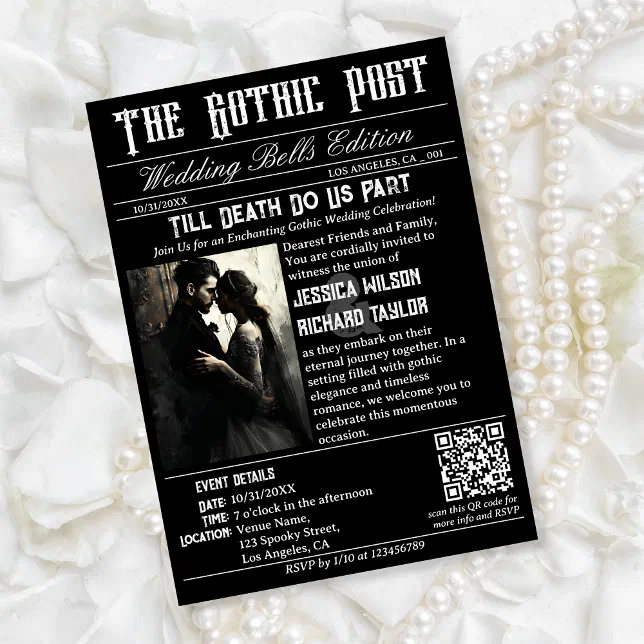 Elegant Gothic Newspaper Photo Black Wedding Invitation | Zazzle