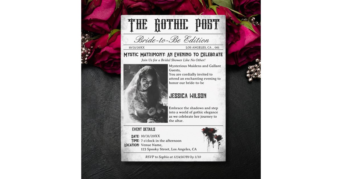 Elegant Gothic Newspaper Photo Bridal Shower Invitation | Zazzle