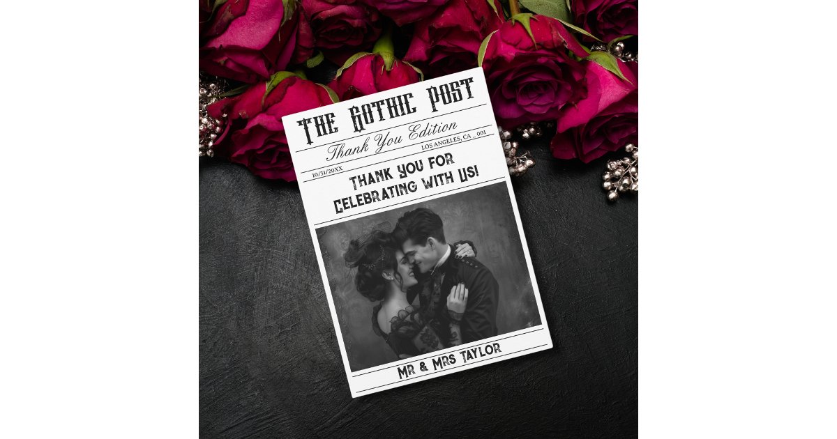 Elegant Gothic Newspaper Photo Thank You Invitation | Zazzle