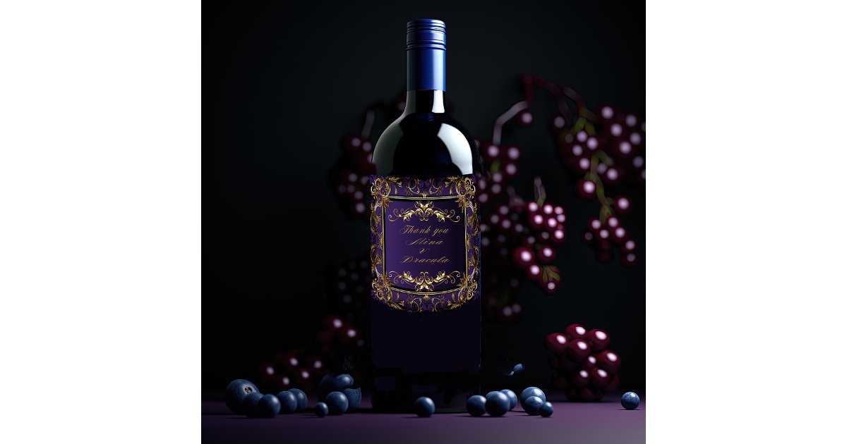Elegant Gothic Purple and Gold Wedding Wine Label | Zazzle