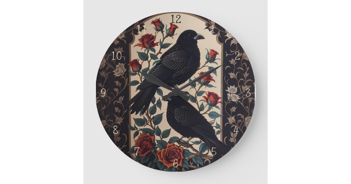 Elegant Gothic Ravens With Roses Large Clock | Zazzle