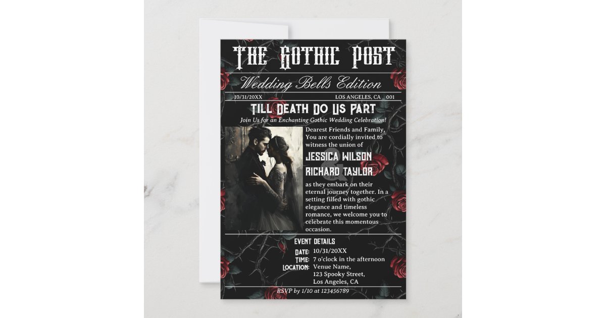 Elegant Gothic Roses Newspaper Photo Black Wedding Invitation | Zazzle