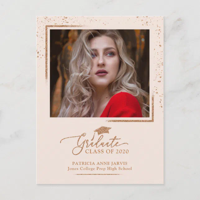 Elegant Grad Announcement Rose Gold Glitter Postcard | Zazzle