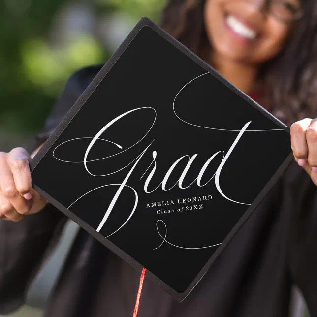 Elegant Grad Calligraphy Script Black and White Graduation Cap Topper ...