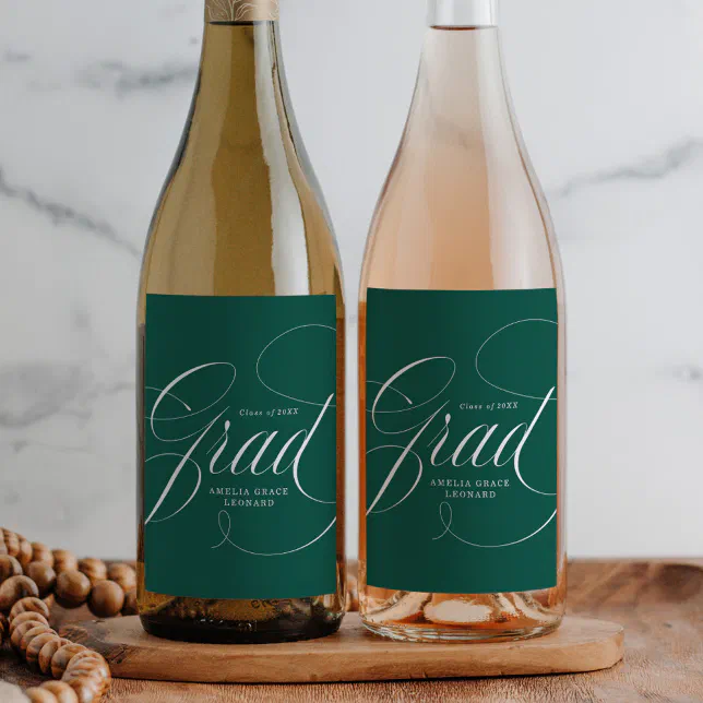 Elegant Grad Calligraphy Script Green Graduation Wine Label | Zazzle
