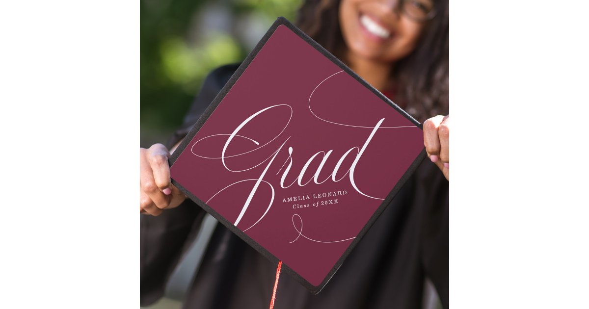 Elegant Grad Calligraphy Script Maroon Graduation Cap Topper | Zazzle