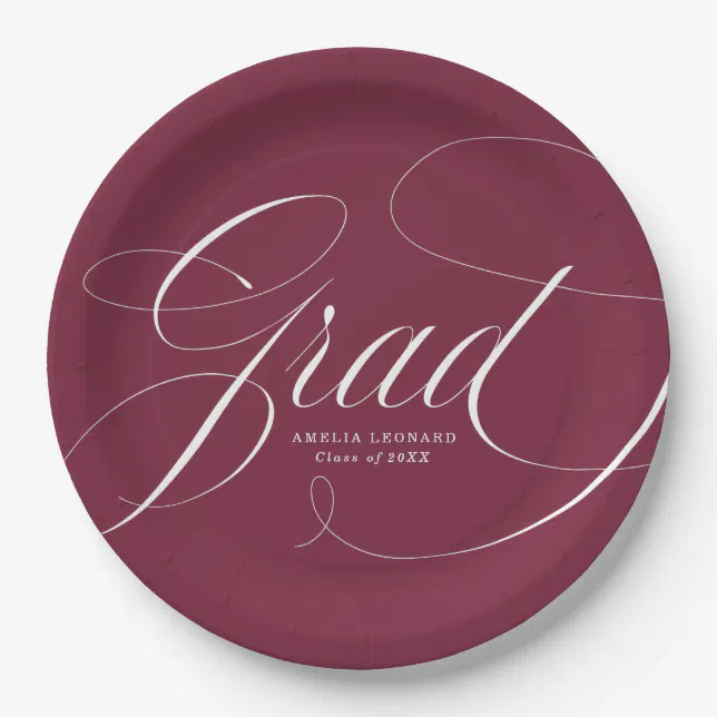 Elegant Grad Calligraphy Script Maroon Graduation Paper Plates | Zazzle