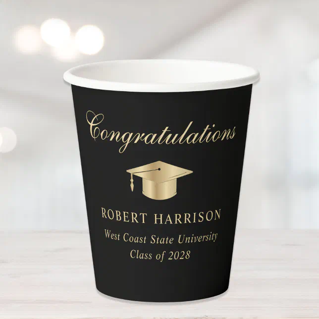 Elegant Grad Cap Black Gold Graduation Party Paper Cups | Zazzle