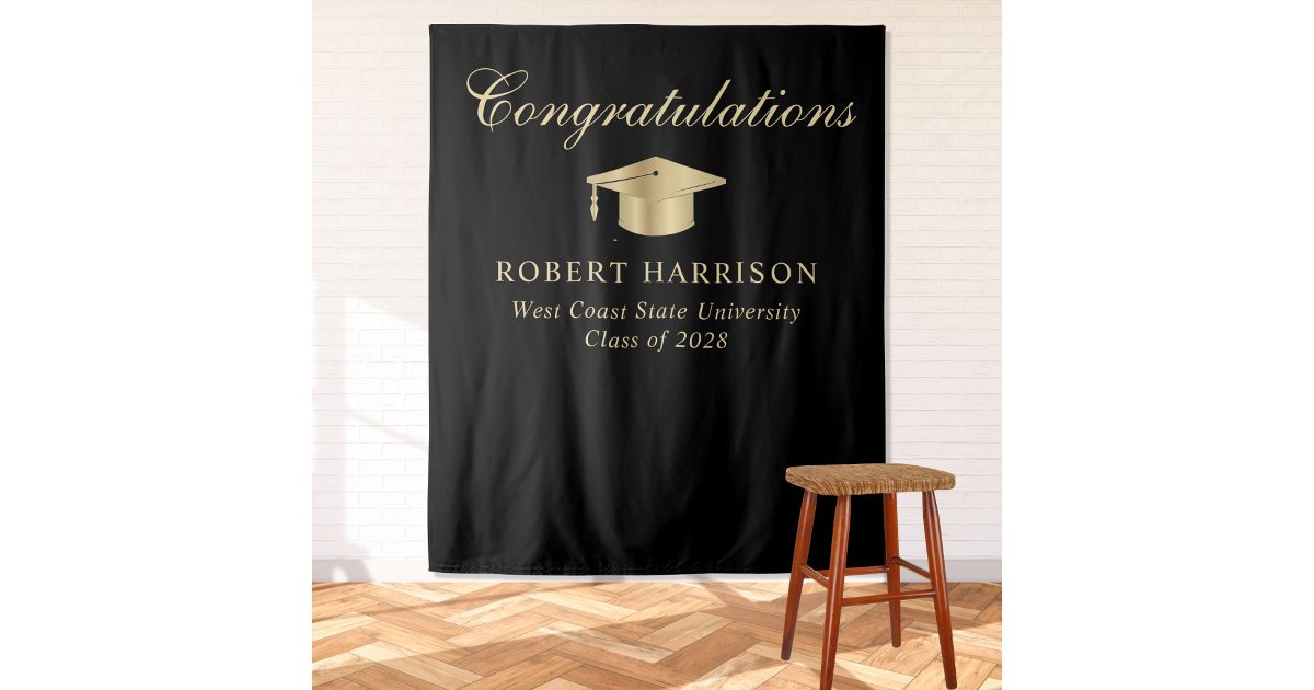 Elegant Grad Cap Black Gold Graduation Welcome Tapestry | Zazzle