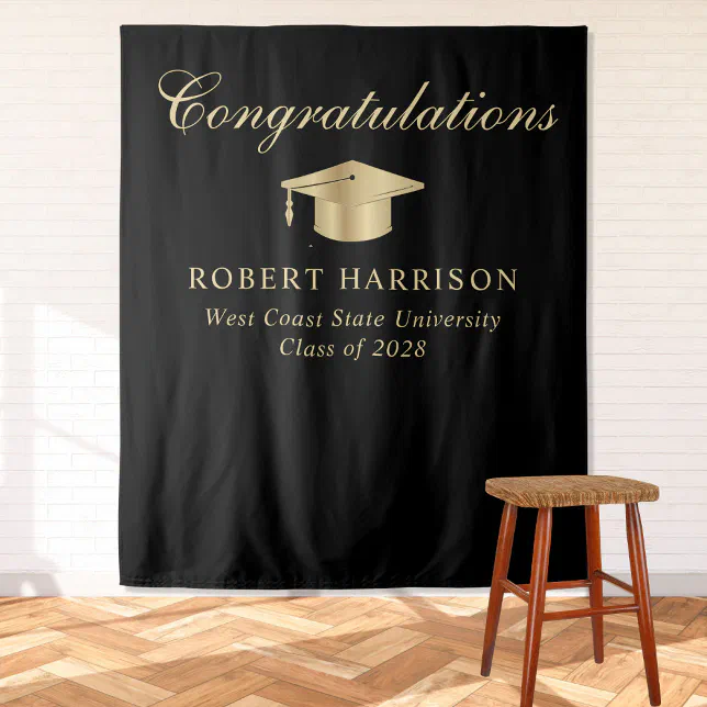 Elegant Grad Cap Black Gold Graduation Welcome Tapestry | Zazzle