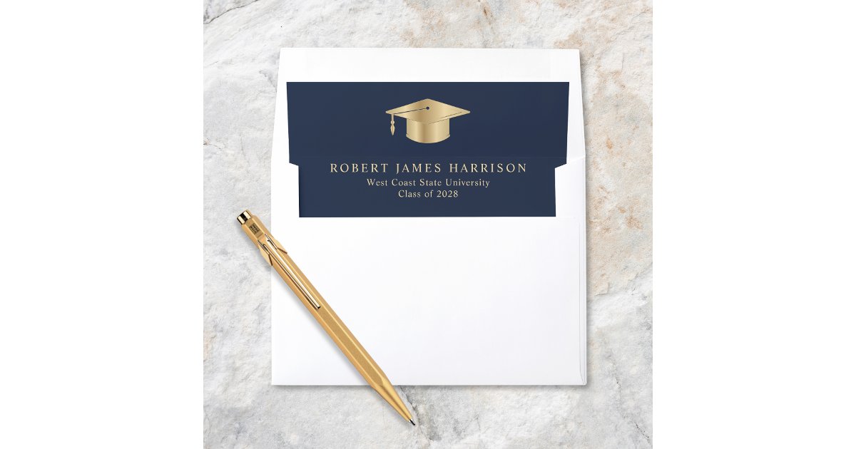 Elegant Grad Cap Blue Gold Graduation Envelope Liner | Zazzle