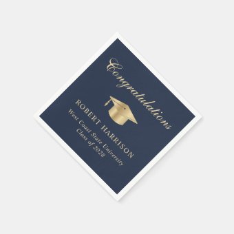 Elegant Grad Cap Blue Gold Graduation Party Napkins | Zazzle