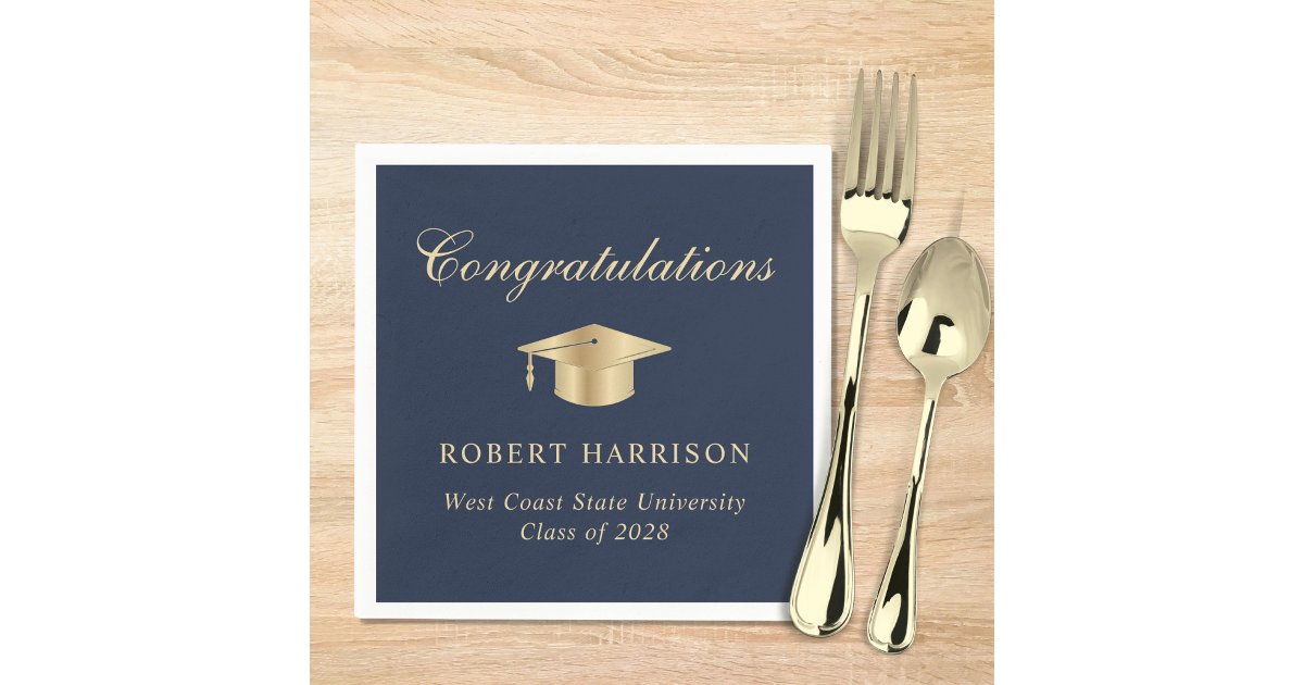 Elegant Grad Cap Blue Gold Graduation Party Napkins | Zazzle
