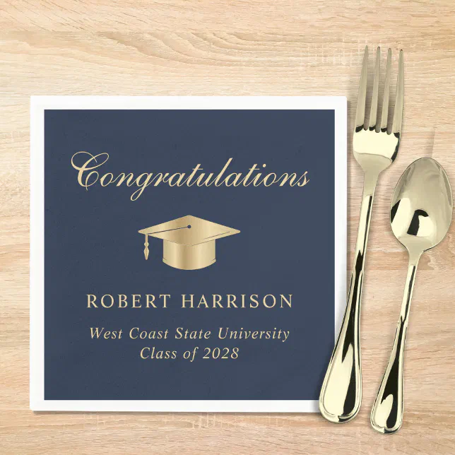 Elegant Grad Cap Blue Gold Graduation Party Napkins | Zazzle