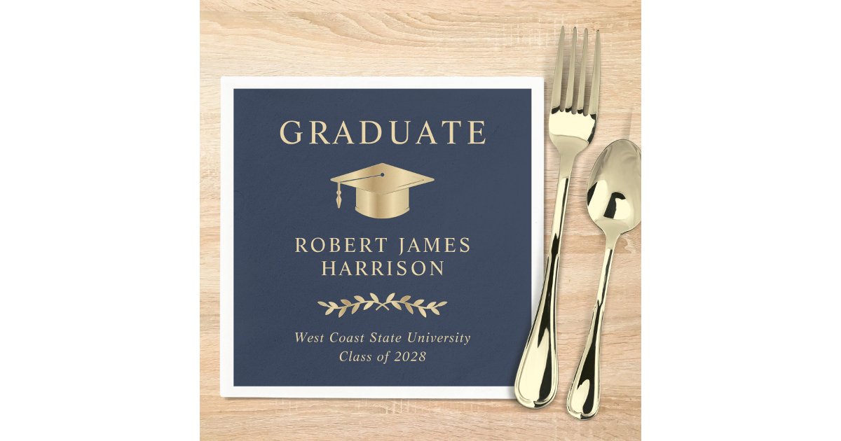 Elegant Grad Cap Blue Gold Graduation Party Napkins | Zazzle