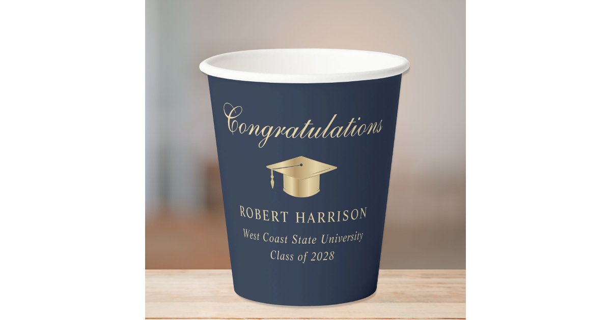 Elegant Grad Cap Blue Gold Graduation Party Paper Cups | Zazzle