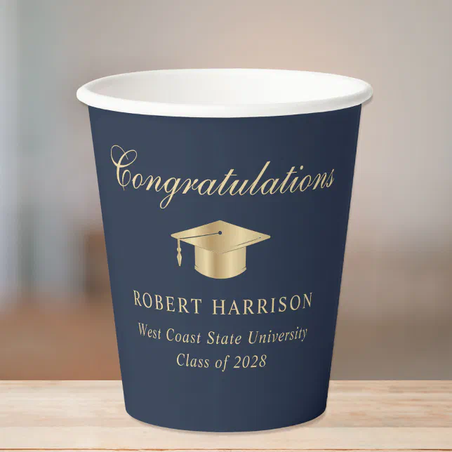 Elegant Grad Cap Blue Gold Graduation Party Paper Cups | Zazzle
