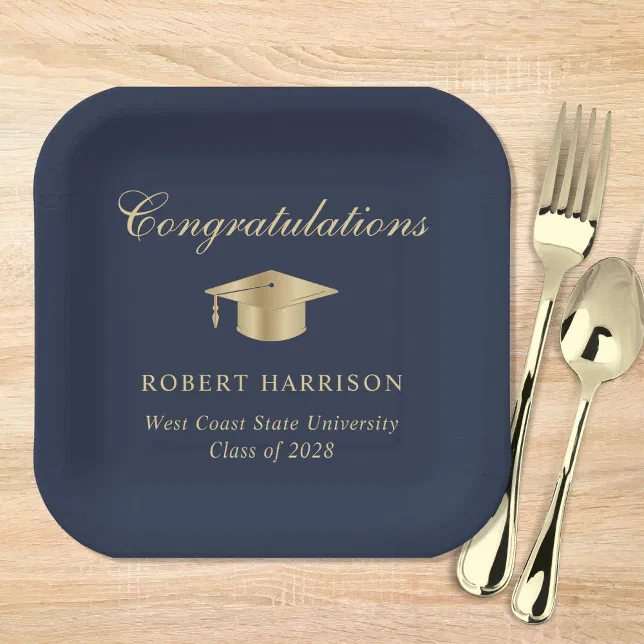 Elegant Grad Cap Blue Gold Graduation Party Paper Plates | Zazzle