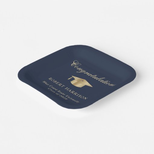 Elegant Grad Cap Blue Gold Graduation Party Paper Plates | Zazzle